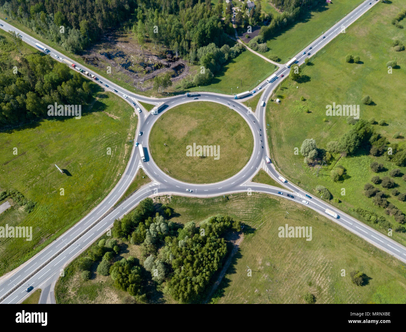 drone image. aerial view of transport roundabout on highway. latvia ...
