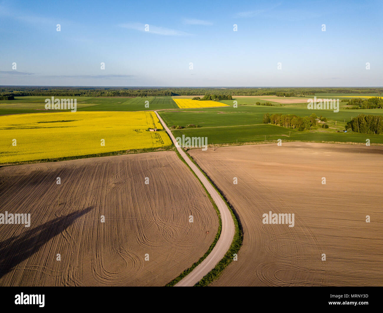 drone image. aerial view of rural area with fields and road ...