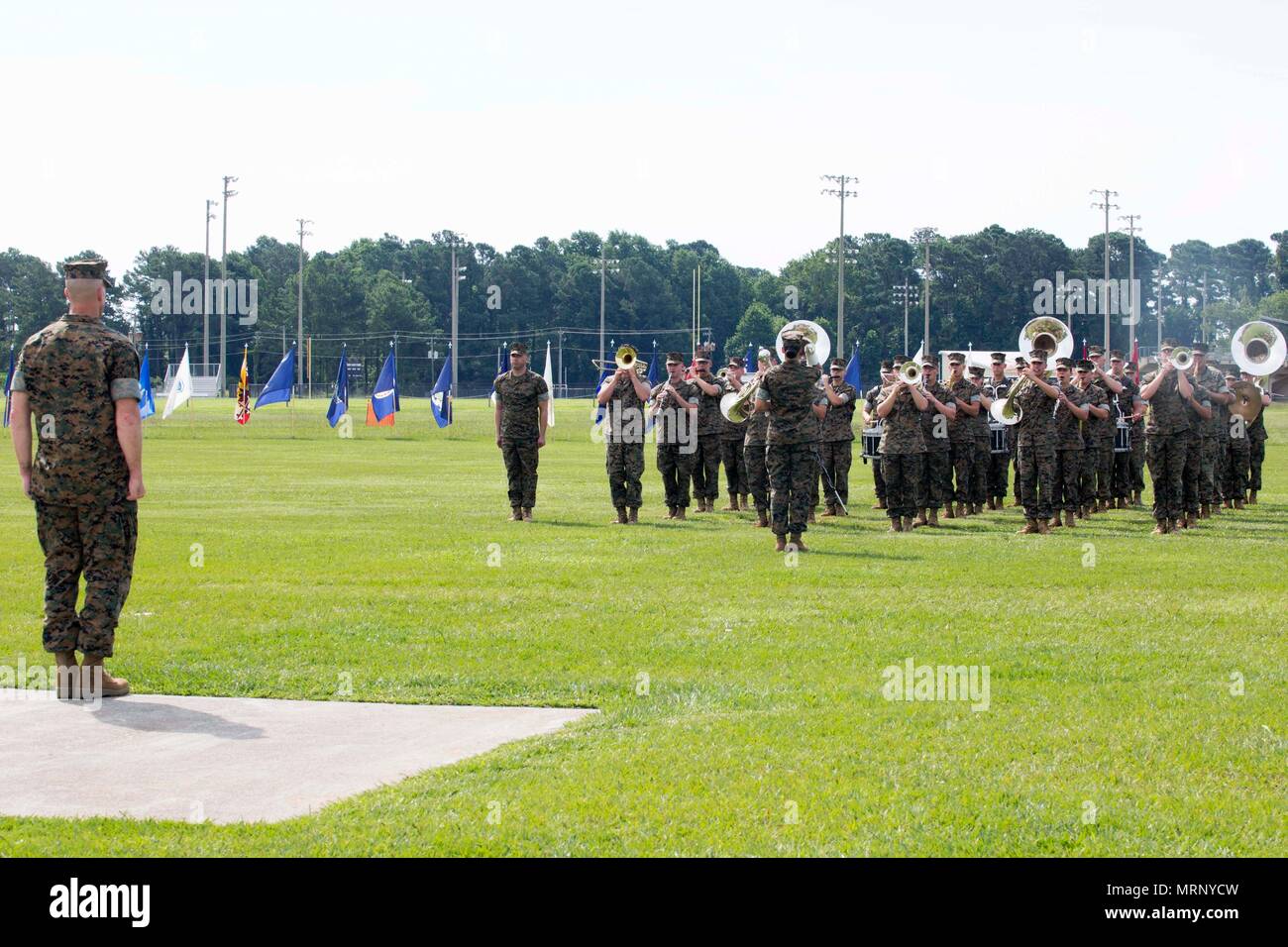 U.S. Marines with the 2nd Marine Aircraft Wing Band march onto the ...