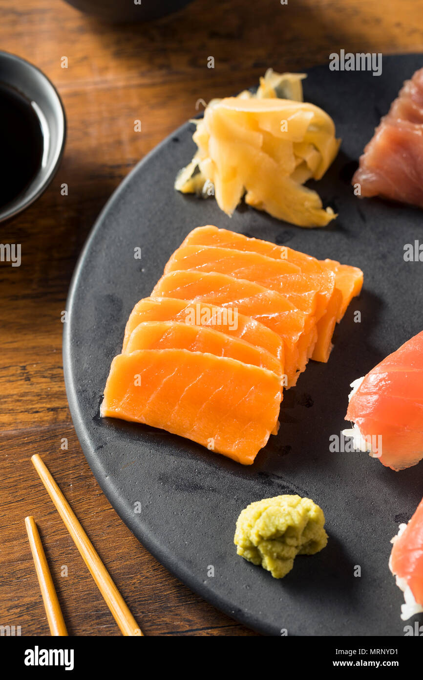 Raw Japanese Salmon Sashimi with Wasabi and Nigiri Stock Photo - Alamy