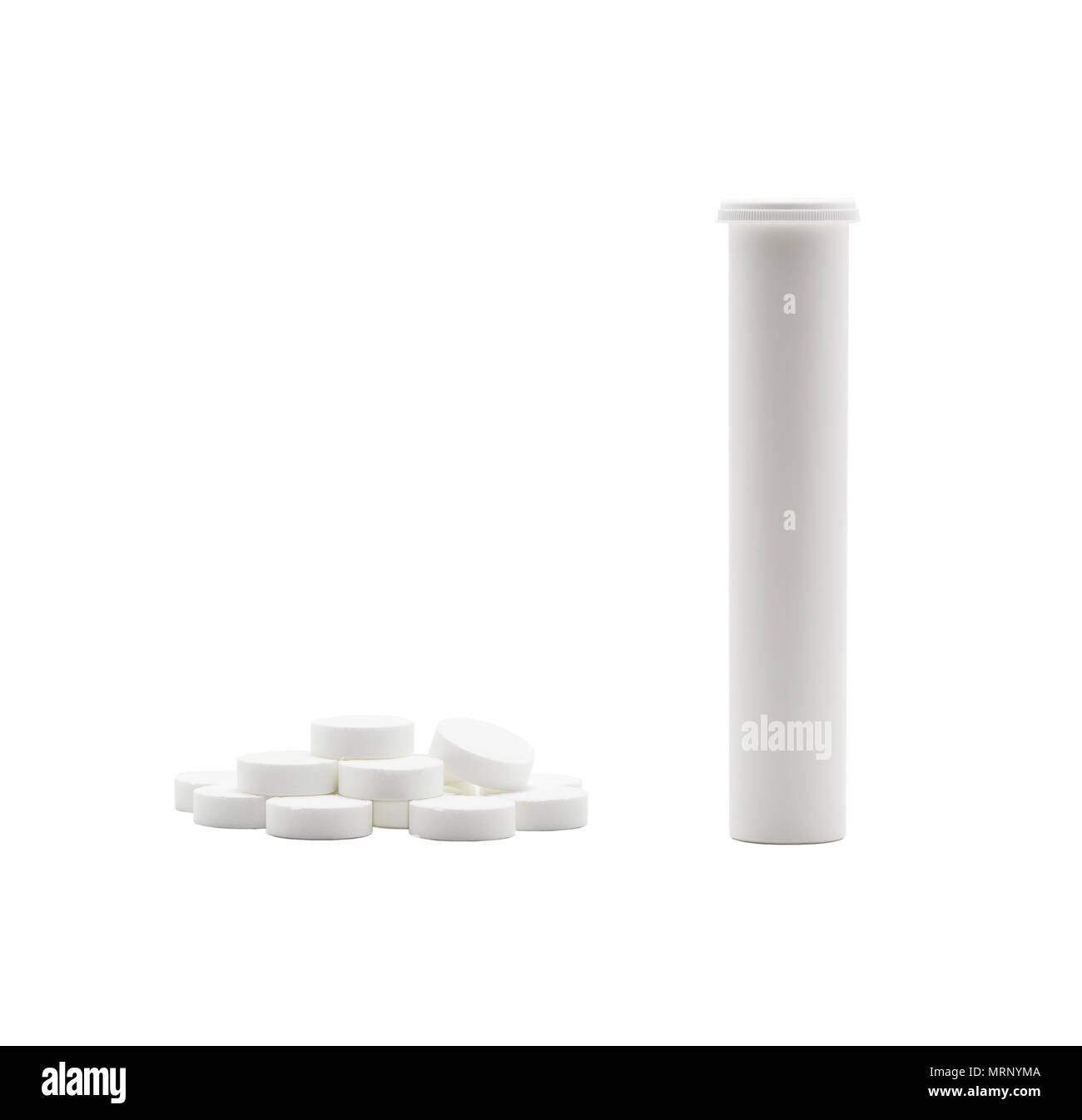 The stack of soluble tablets beside is the open tube, on white ...