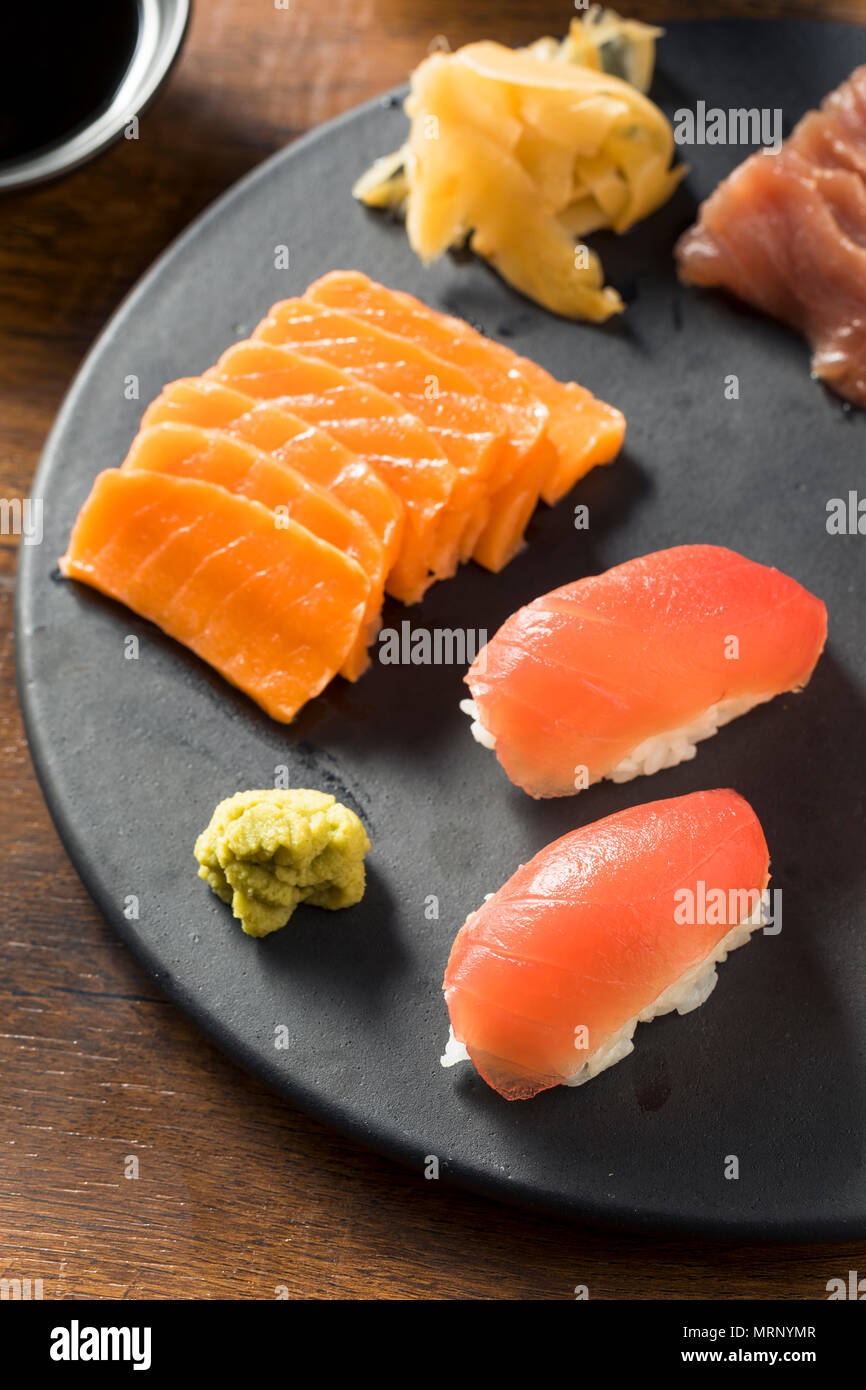 Raw Japanese Salmon Sashimi with Wasabi and Nigiri Stock Photo - Alamy