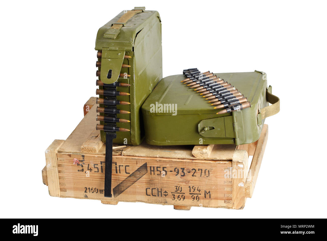 army box of ammunition with ammo belt and hand grenades isolated Stock ...