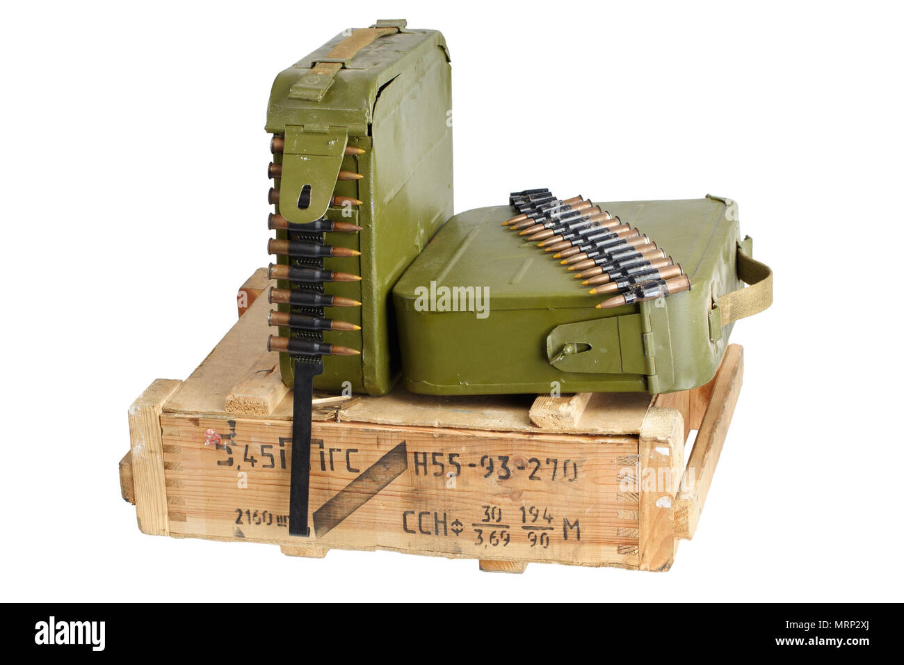 army box of ammunition with ammo belt and hand grenades isolated Stock ...
