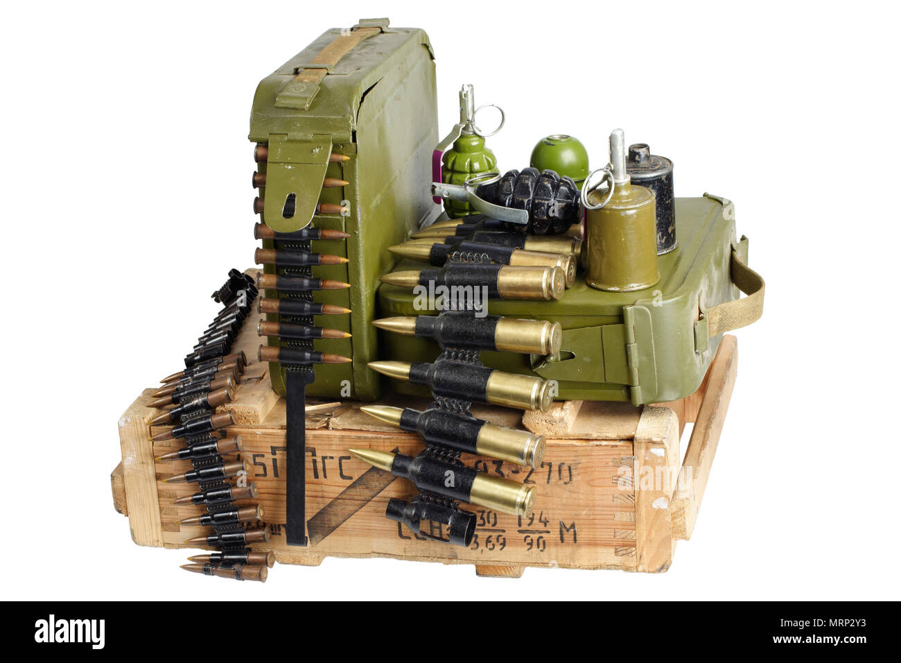 army box of ammunition with ammo belt and hand grenades isolated Stock ...