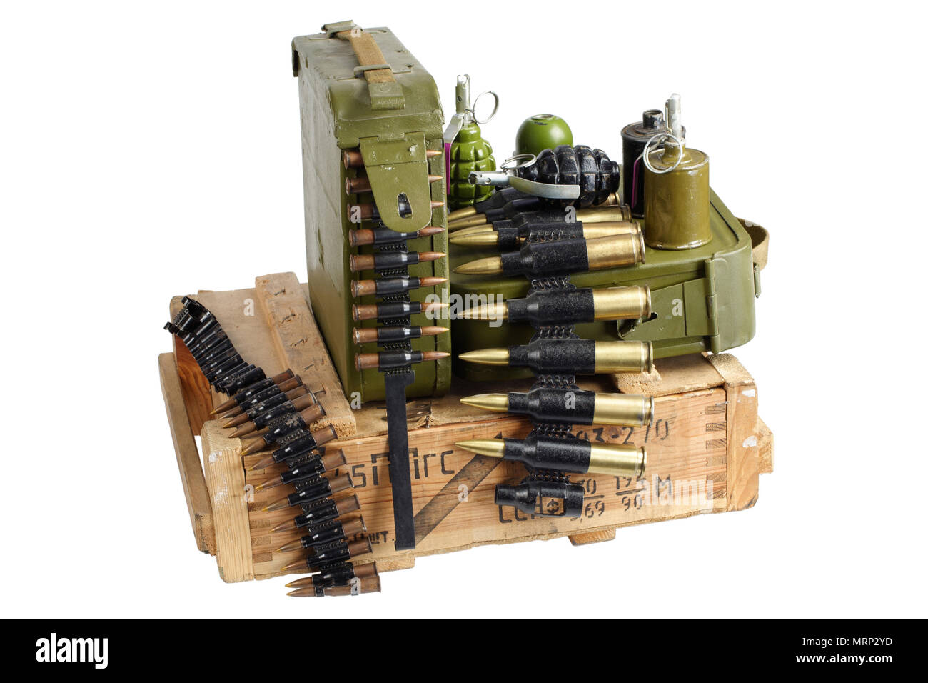 army box of ammunition with ammo belt and hand grenades isolated Stock ...