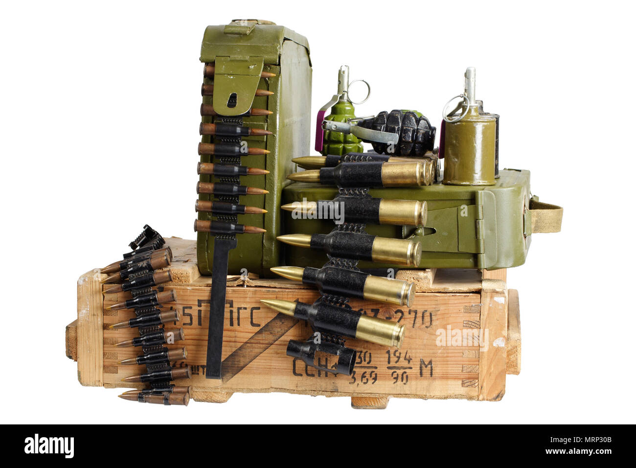 army box of ammunition with ammo belt and hand grenades isolated Stock ...