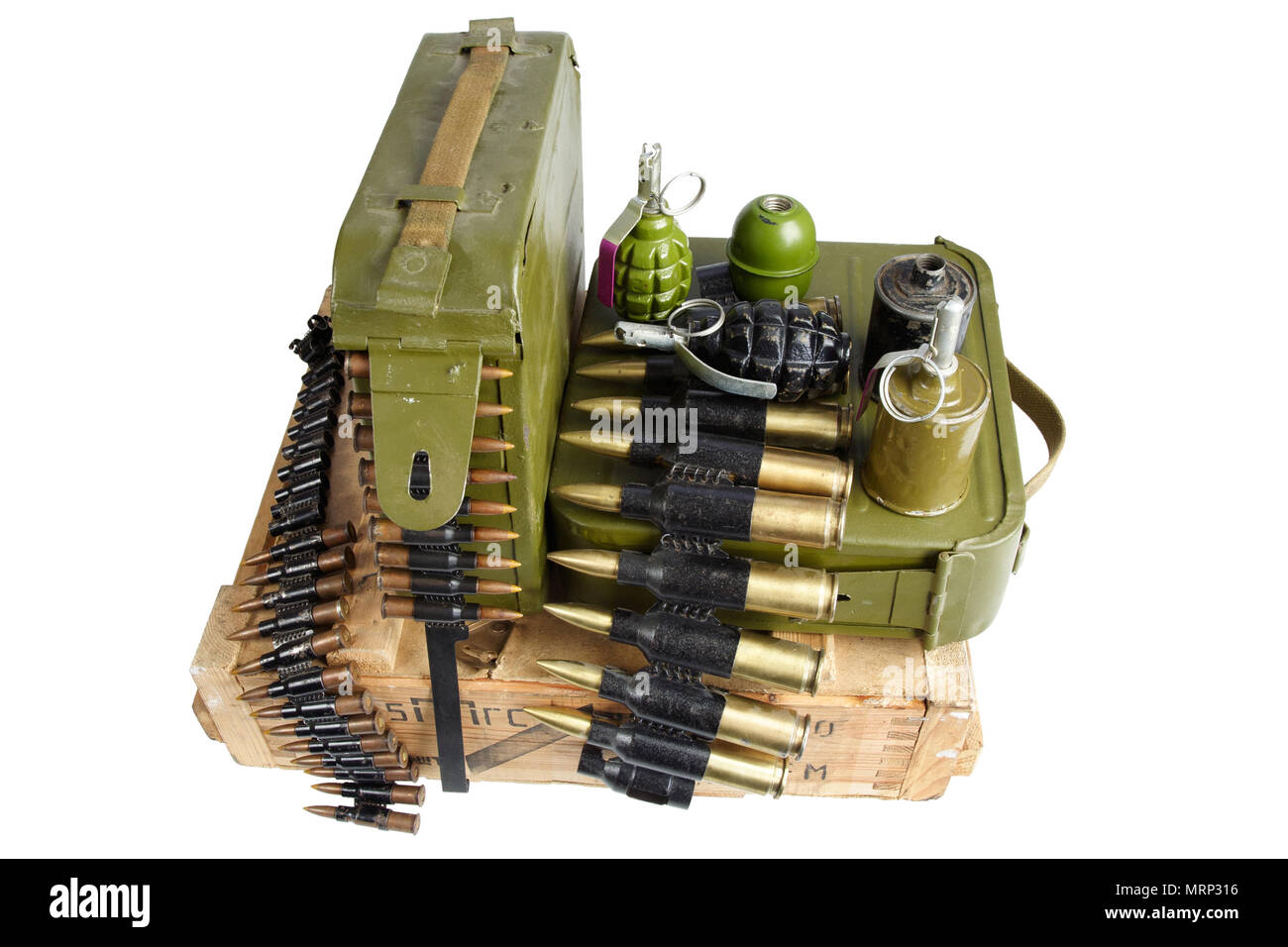army box of ammunition with ammo belt and hand grenades isolated Stock ...