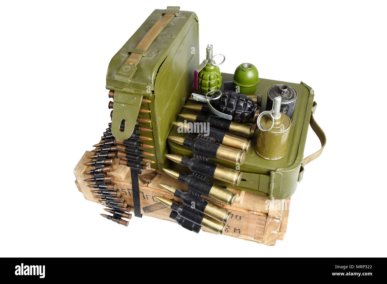 army box of ammunition with ammo belt and hand grenades isolated Stock ...