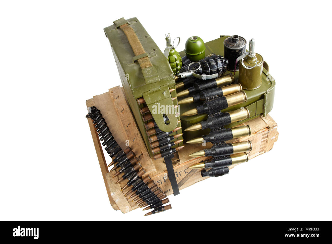 army box of ammunition with ammo belt and hand grenades isolated Stock ...