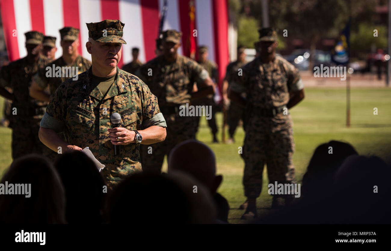 U.S. Marine Corps Col. Ricardo Martinez gives his final remarks to the ...