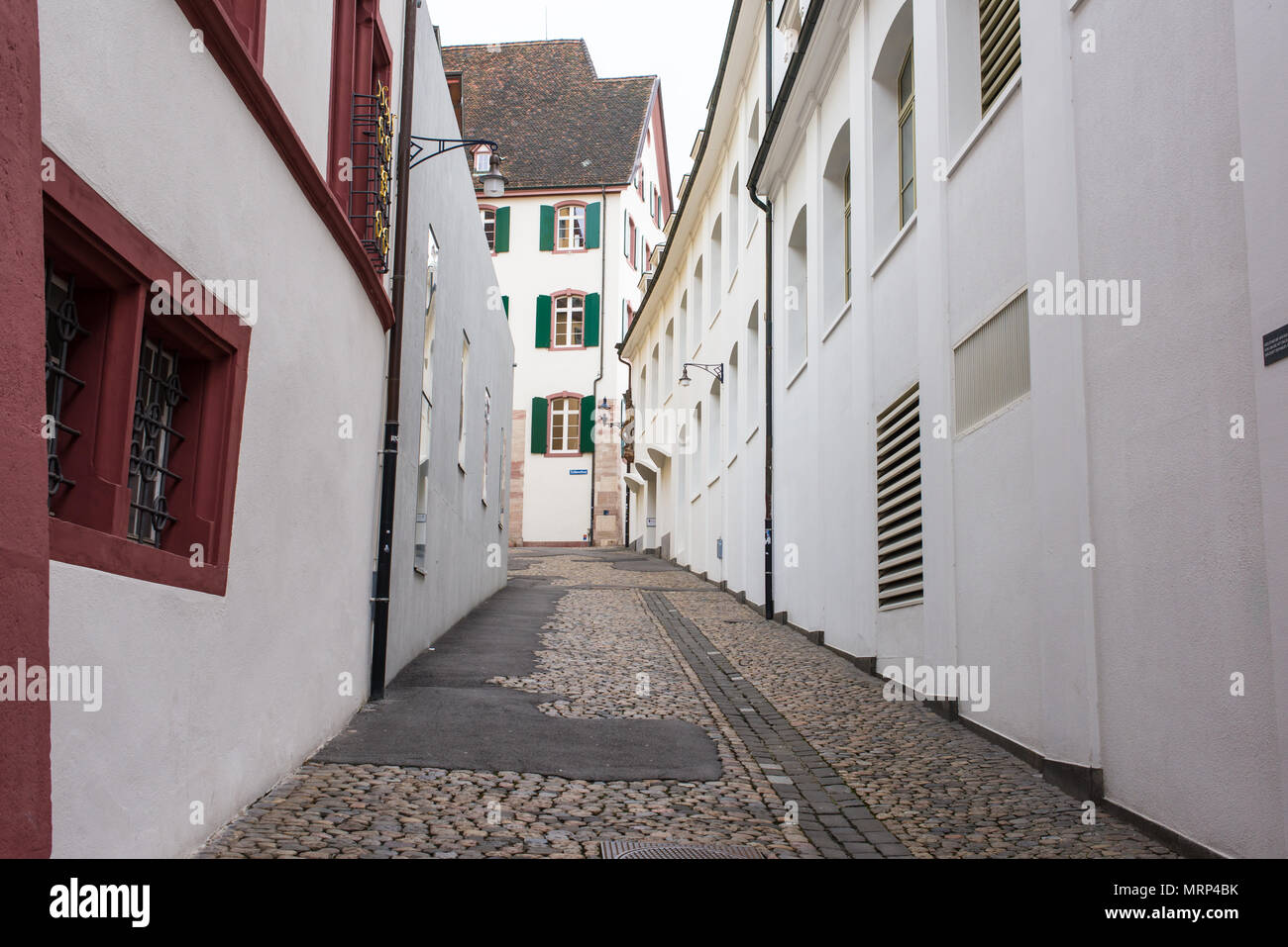 Empty cobbled road in Basel old town (Altstadt Kleinbasel) with ...