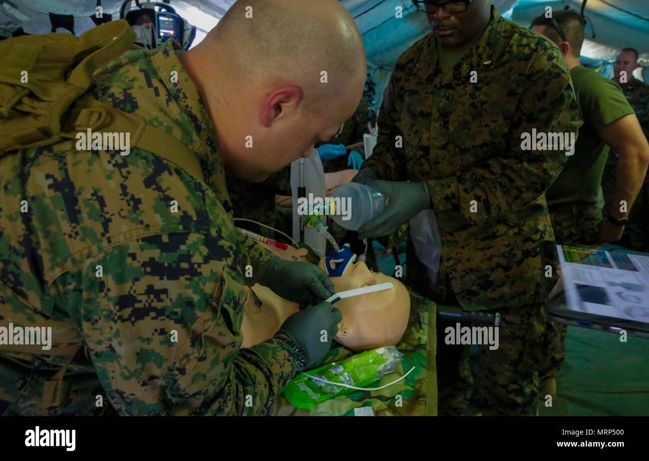 U.S. Navy corpsmen treat a simulated casualty during a certification ...