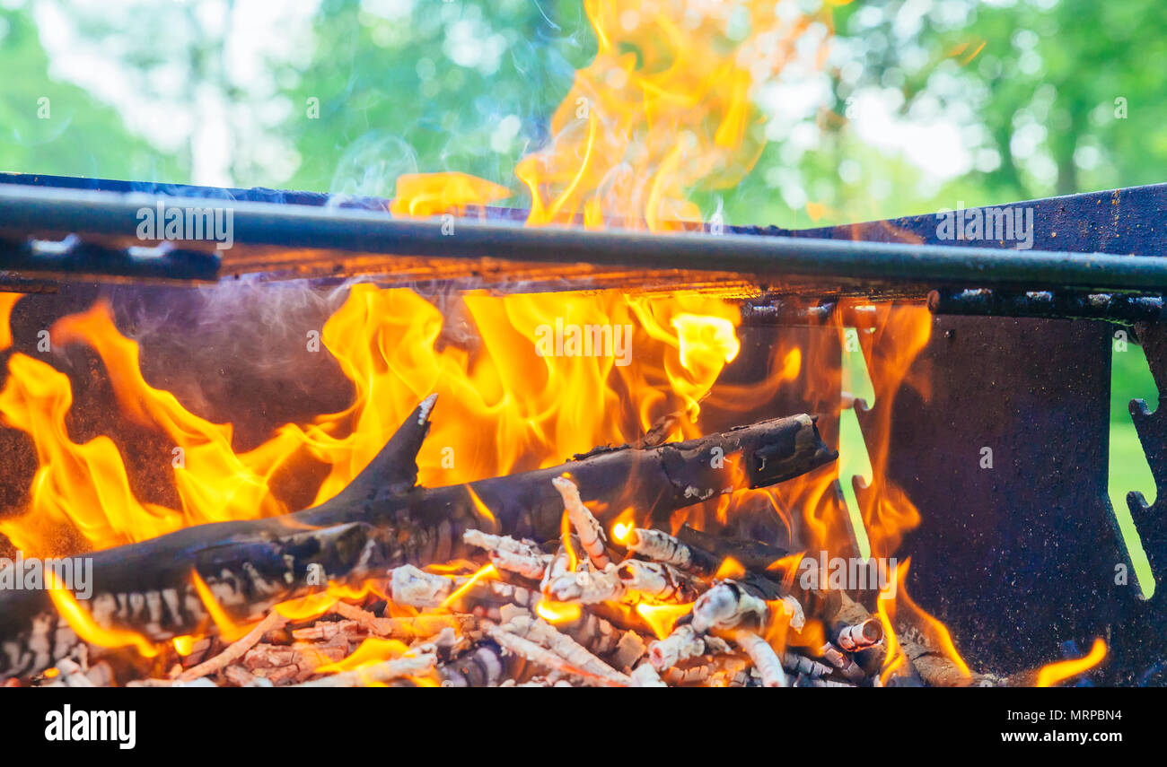 a camp fire in a fire pit at a campsite Stock Photo - Alamy