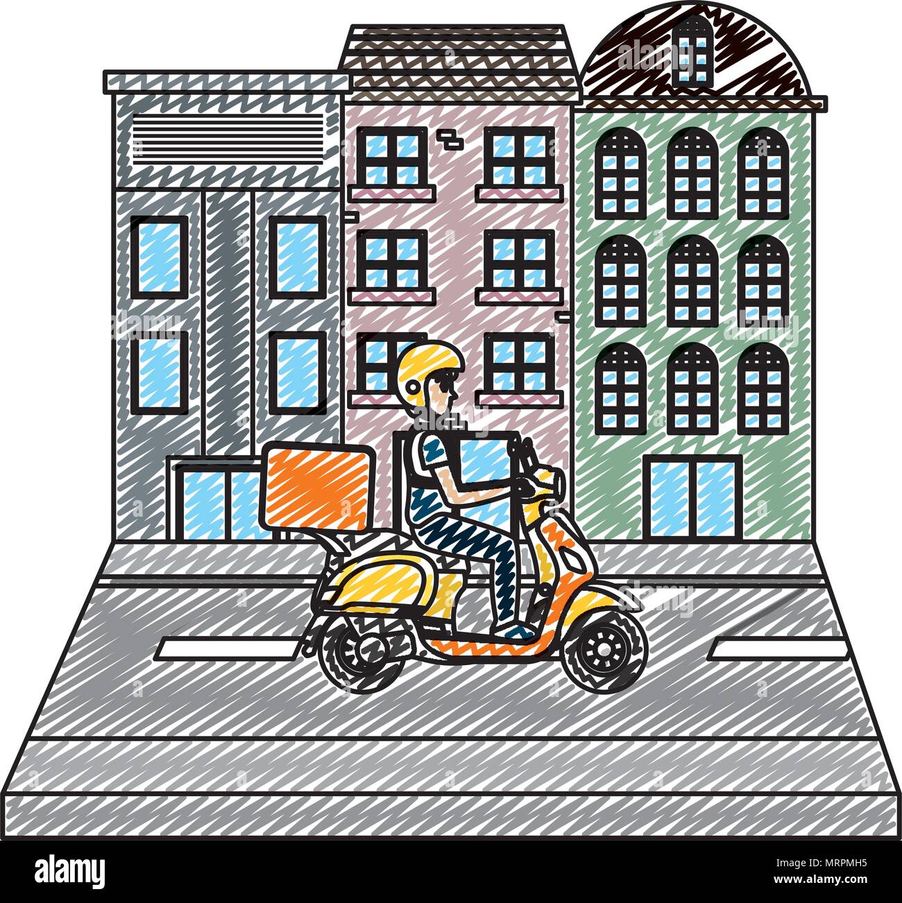 doodle building and delivery man with motorcycle in the street Stock ...