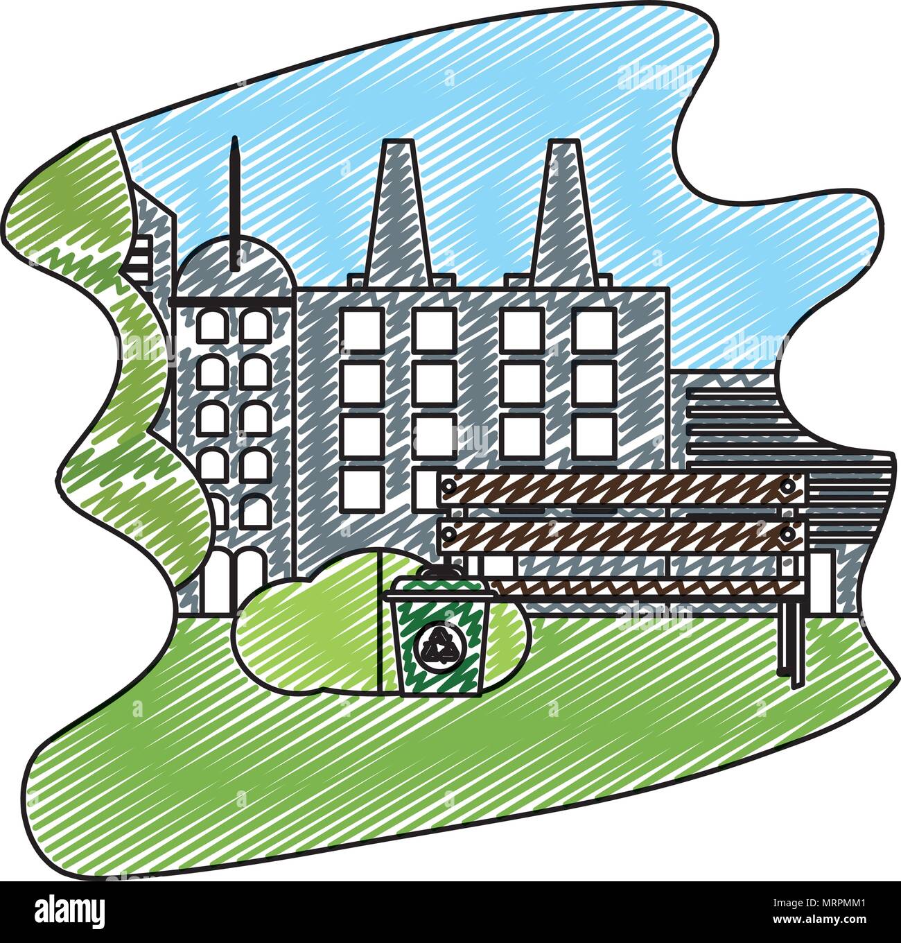 doodle nature building landscape with seat and ecology can Stock Vector ...