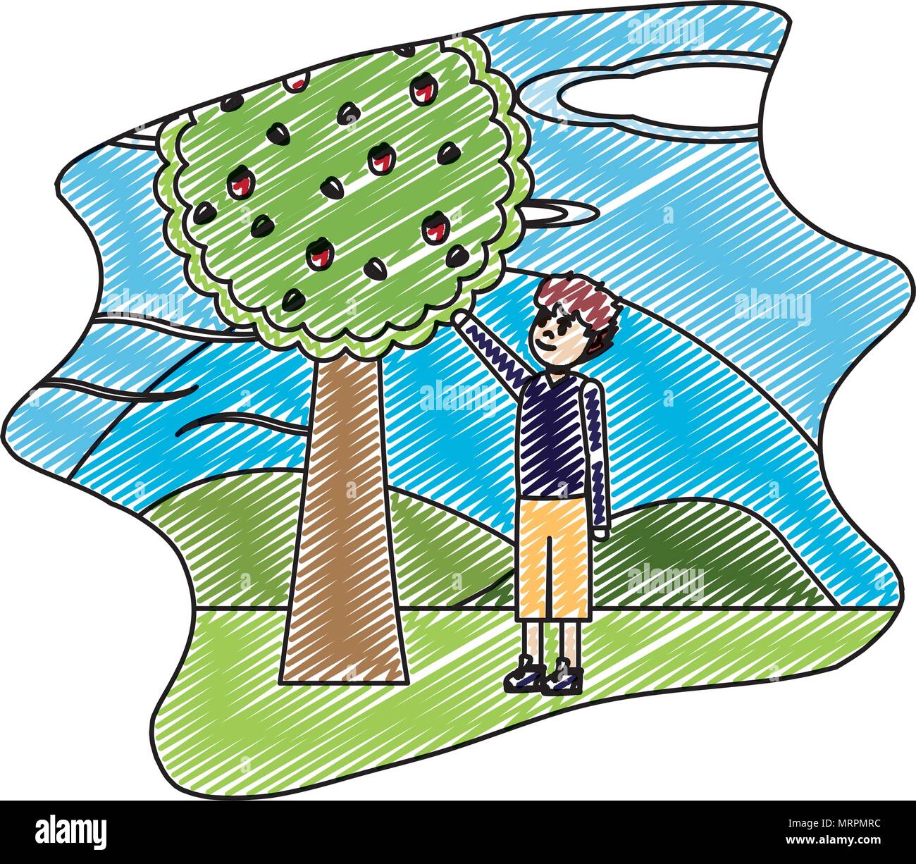 doodle man with apples tree in the nature landscape Stock Vector Image ...