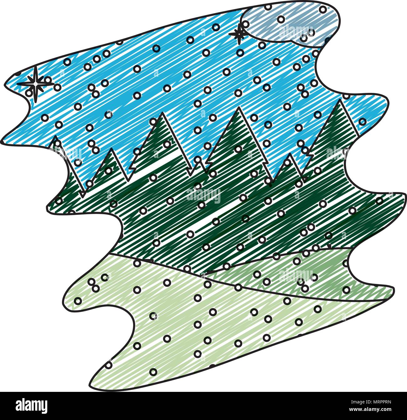 doodle nature winter weather with snowing season and mountains Stock ...