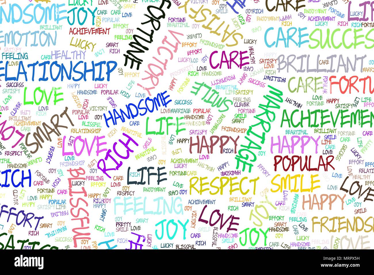 Abstract illustrations of positive emotion word cloud, conceptual. Good ...