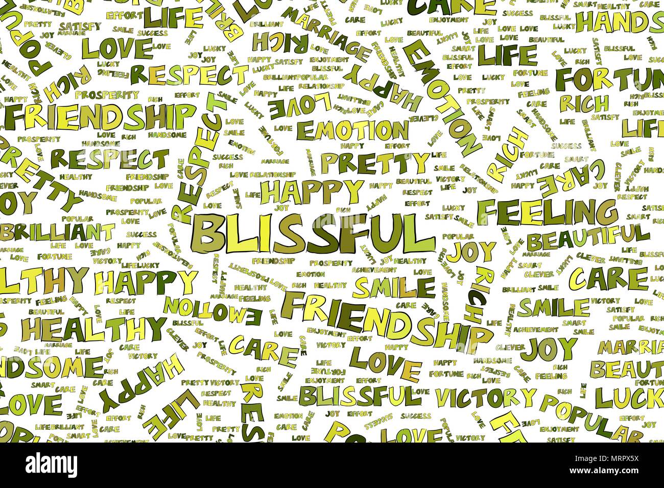 Blissful, decorative hand drawn positive emotion word cloud ...