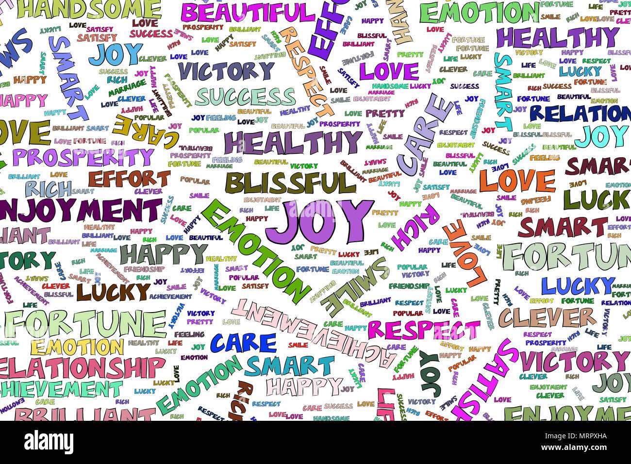 Joy, the positive emotion word cloud illustrations background abstract ...