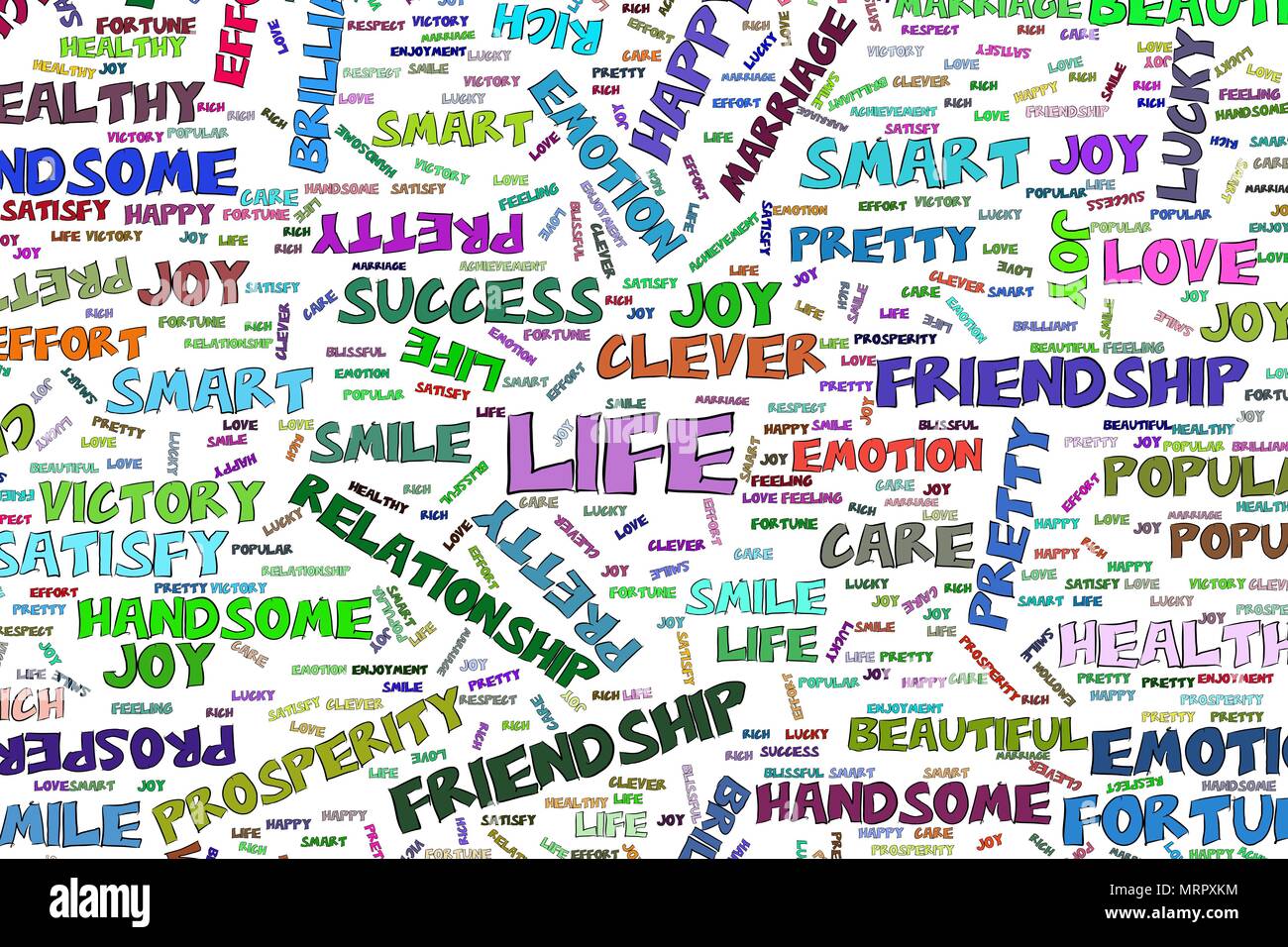Abstract illustrations of positive emotion word cloud, conceptual. Good ...