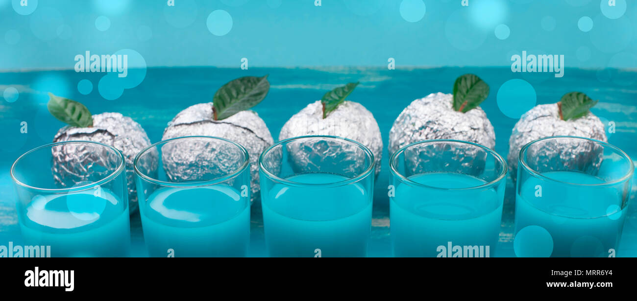 Banner Five Glasses Blue Drink surrealism Apple Foil Blue Shabby ...