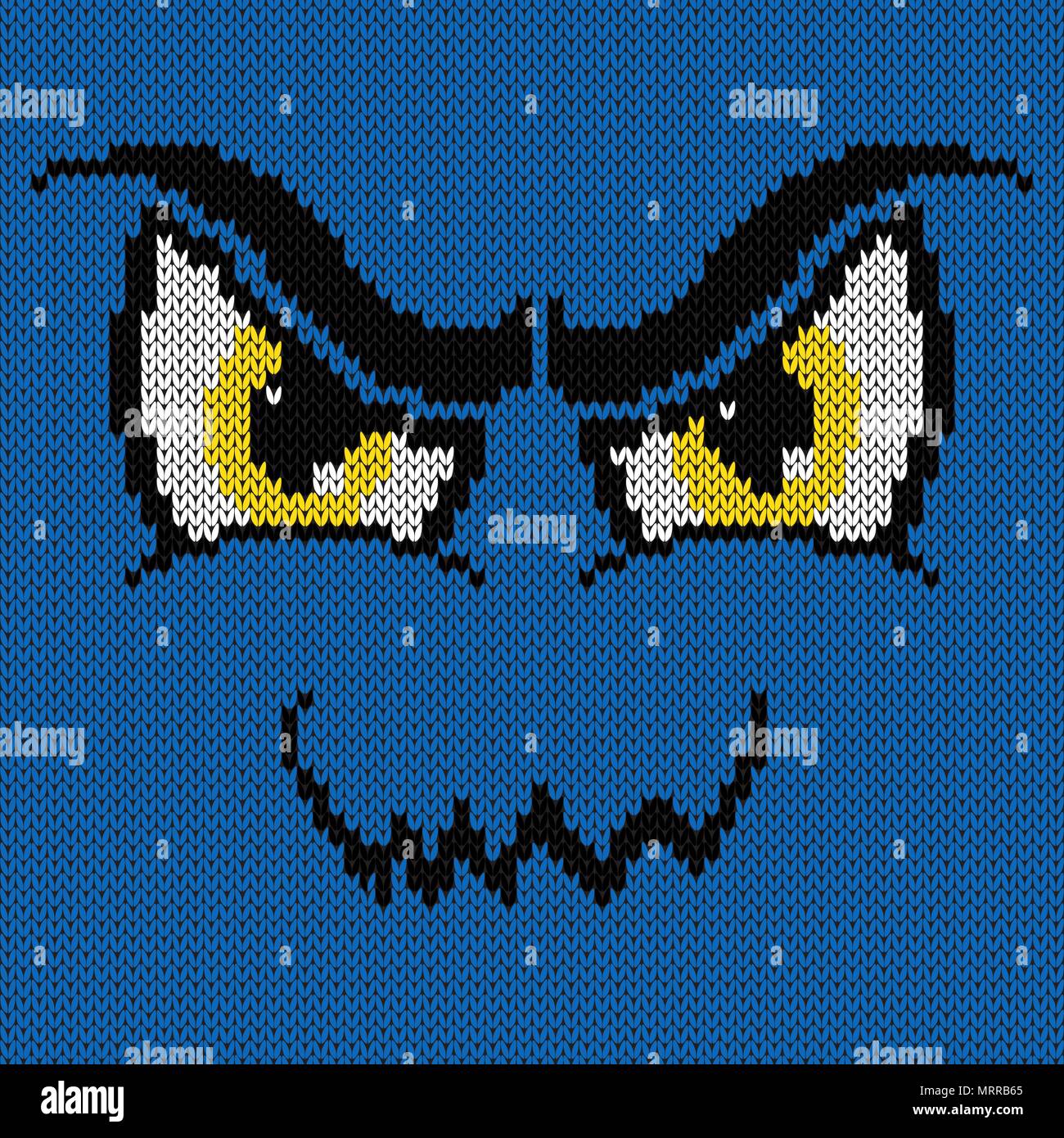 Angry grimace with yellow eyes on the blue background, knitting vector ...