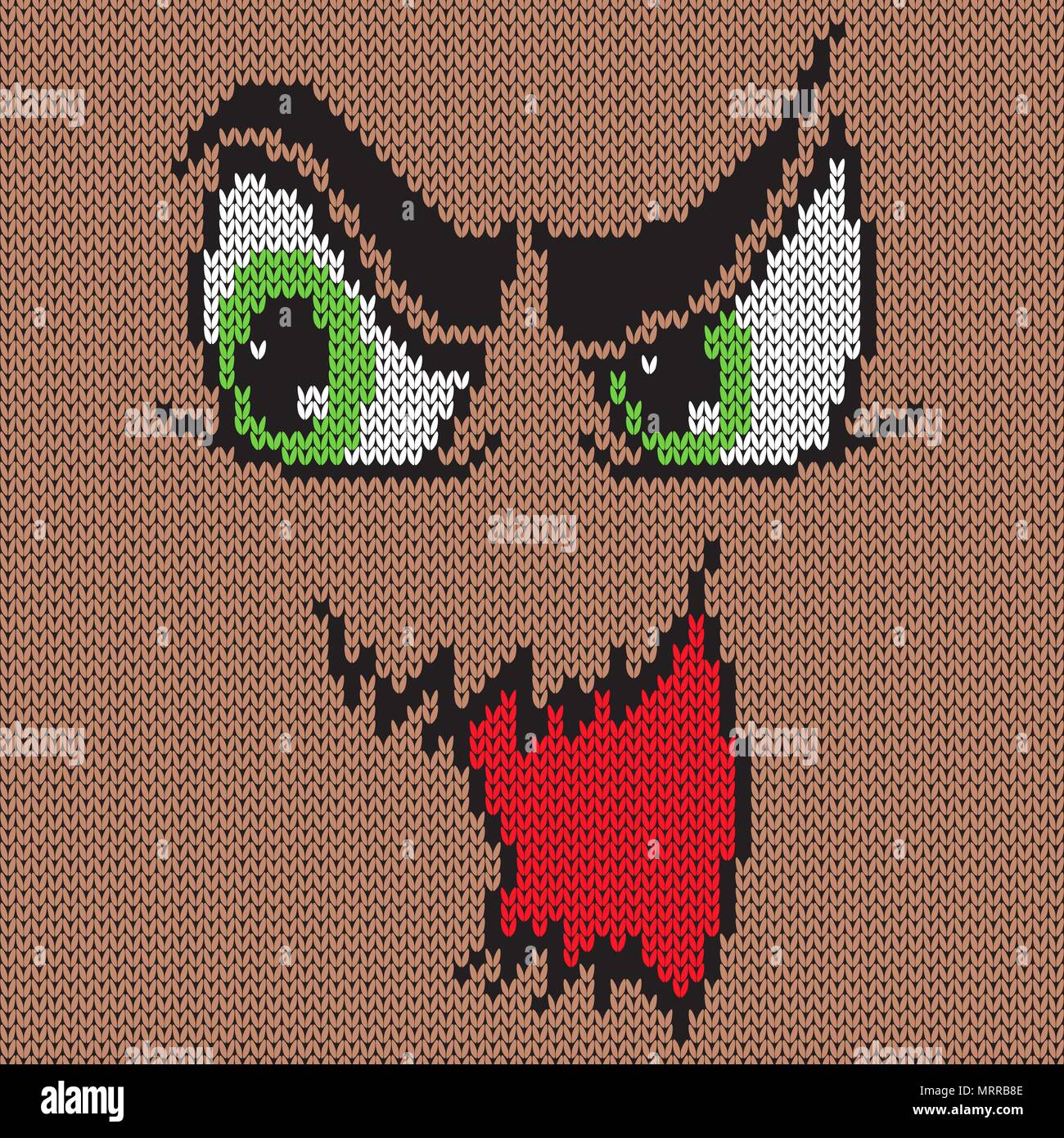 Evil grimace with an open mouth on the light brown background, knitting ...