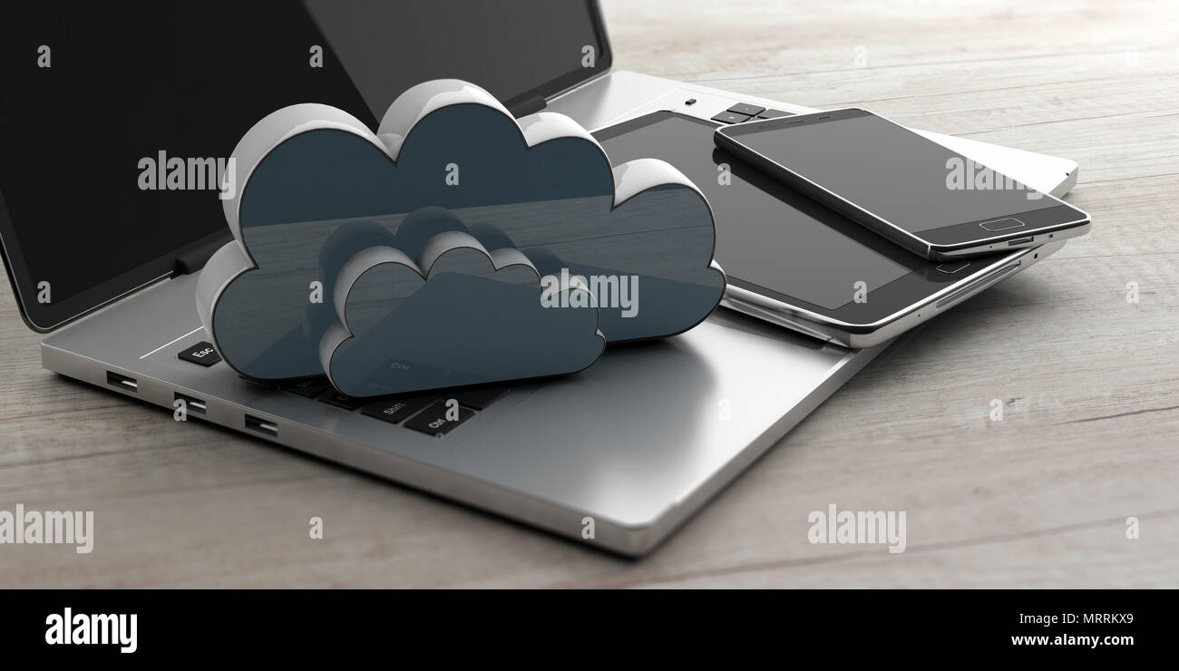 Cloud computing storage. Mobile phone, tablet and computer with a cloud ...