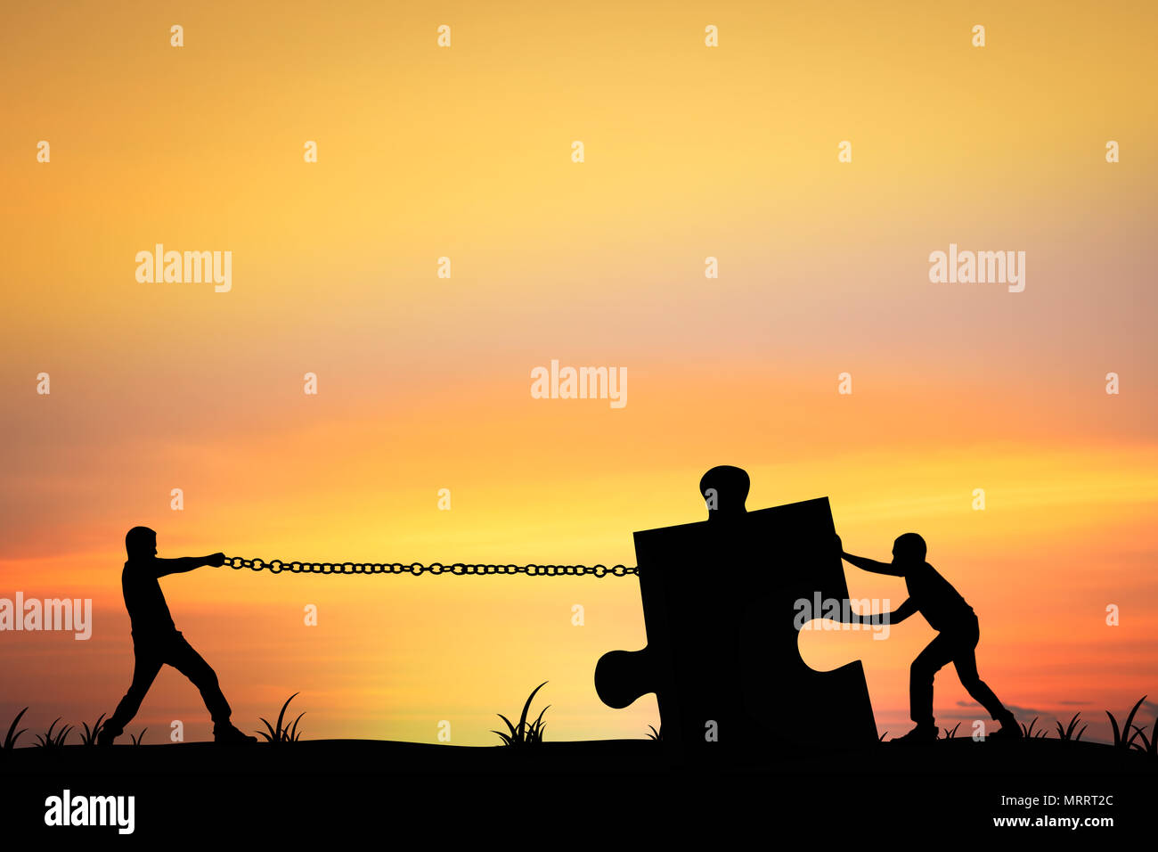 silhouette of man pull jigsaw, teamwork concept Stock Photo - Alamy