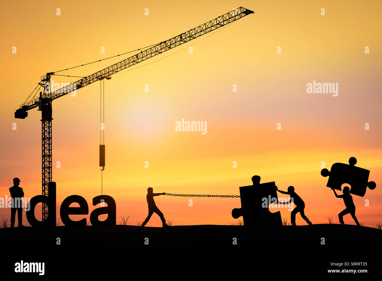 Silhouette of men helping push and pull puzzle, concept as teamwork and ...