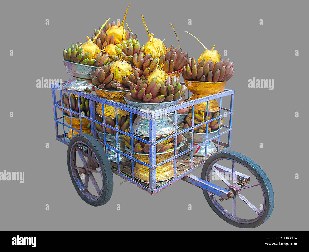 Trolley contains raw bananas and golden coconuts inside silver and ...