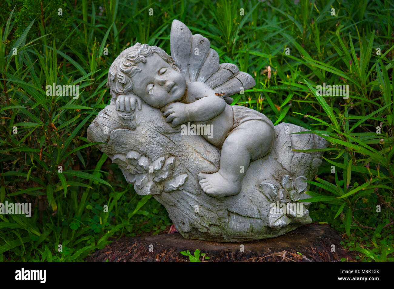 LITTLE ANGEL SLEEPS. Sculpture of a little angel sleeping on tree a ...