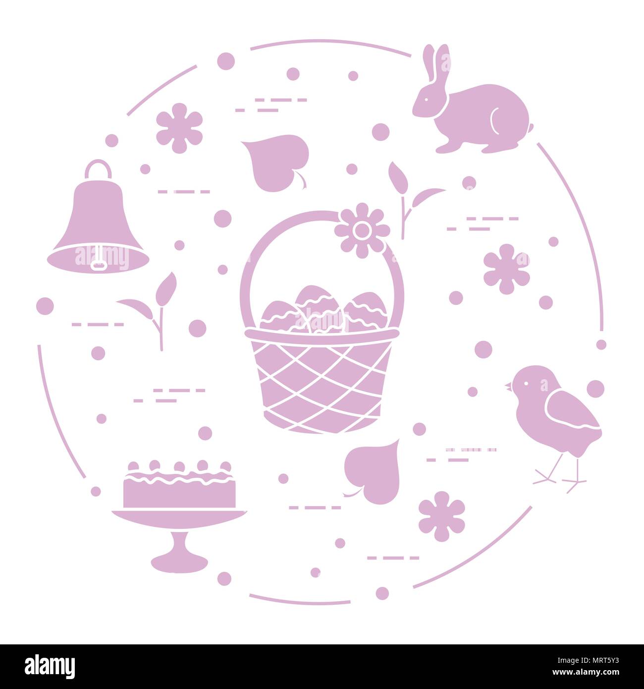 Easter symbols. Simnel cake, basket, eggs, bell, rabbit, chick, flowers ...