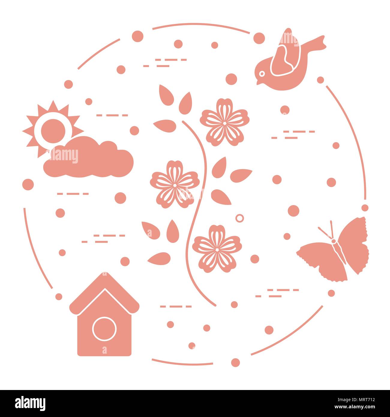 Sun, cloud, bird, flower, butterfly, birdhouse. Spring theme. Template ...