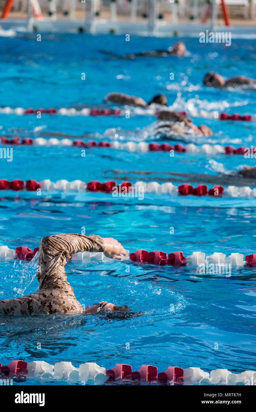 U.S. Marines assigned to the 2nd Marine Aircraft Wing swim laps during ...