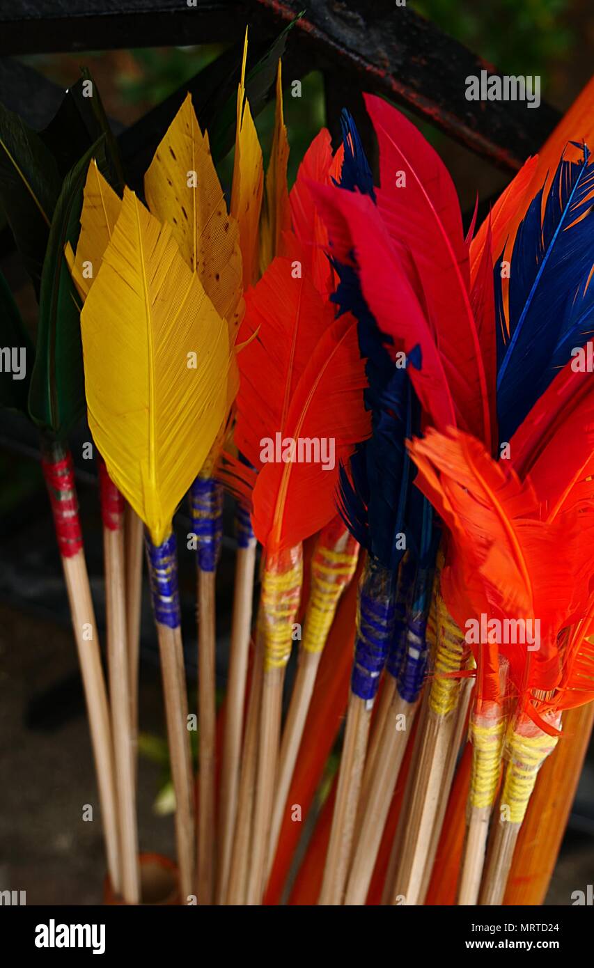 Bamboo sticks with colored feathers tied at the tip Stock Photo - Alamy
