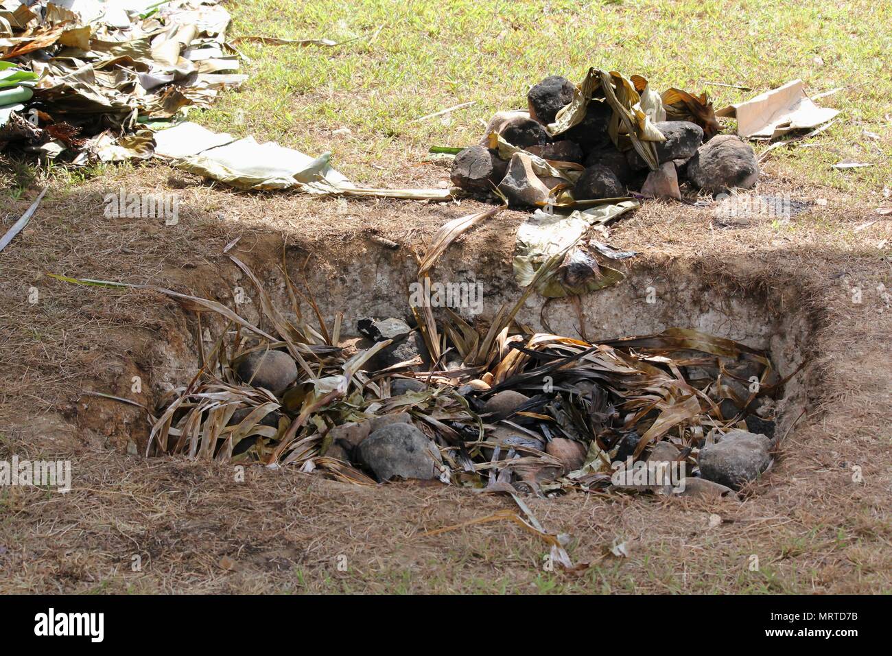 Traditional underground pit using heated stones and leaves and covered ...