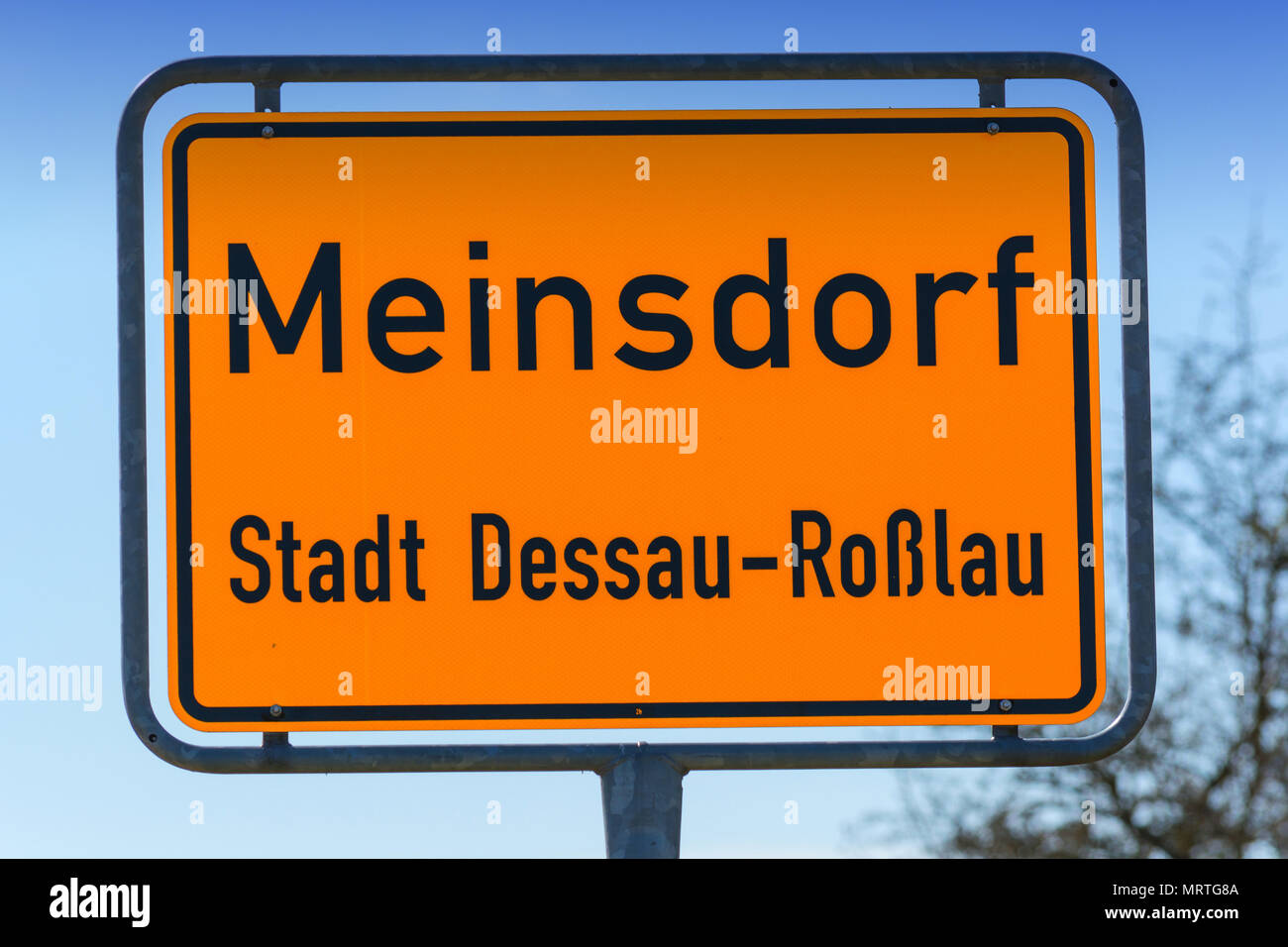 Town Entrance sign of the village Meinsdorf, town Dessau Rosslau in ...