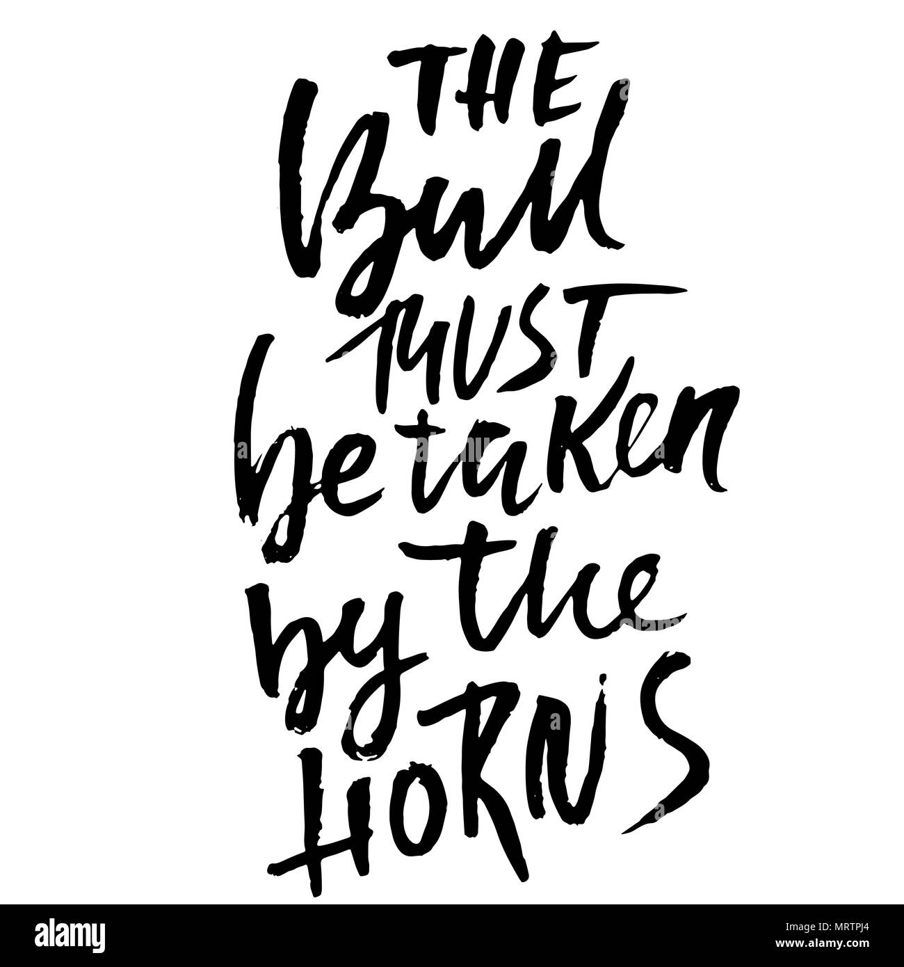 The bull must be taken by the horns. Hand drawn dry brush lettering ...