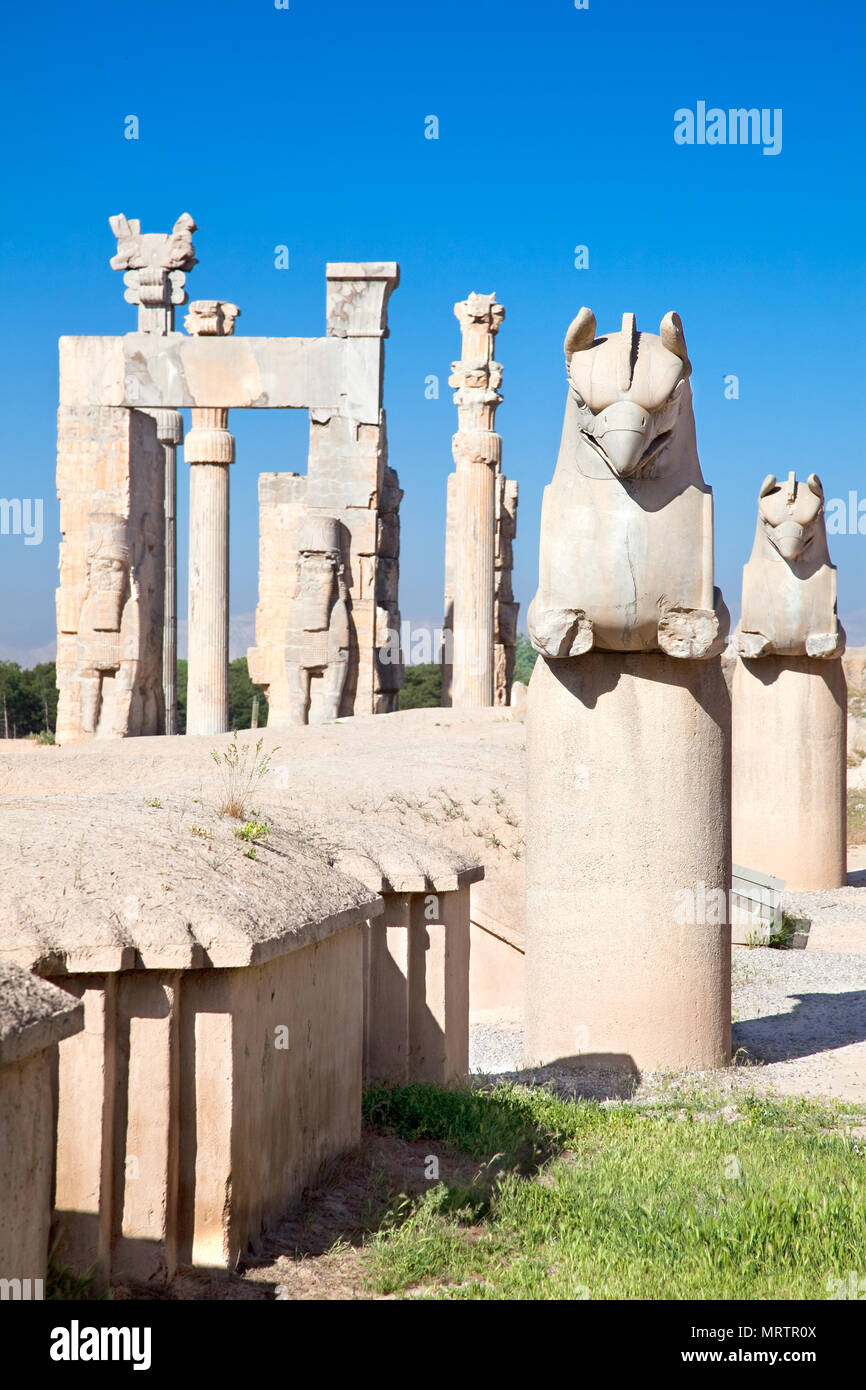 Griffin statue at entrance gate to ancient city of Persepolis, Iran ...