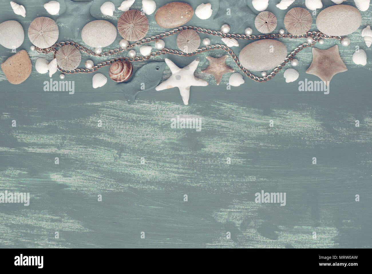 Natural wooden retro sea shell stone background. Decorative composition ...