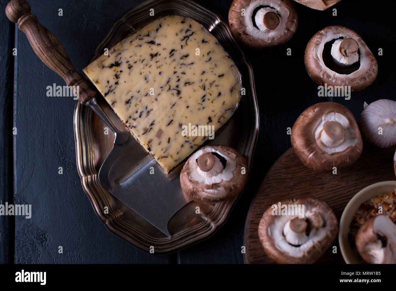 Cheese and mushrooms champignons. Ingredients for lunch. Copy space ...