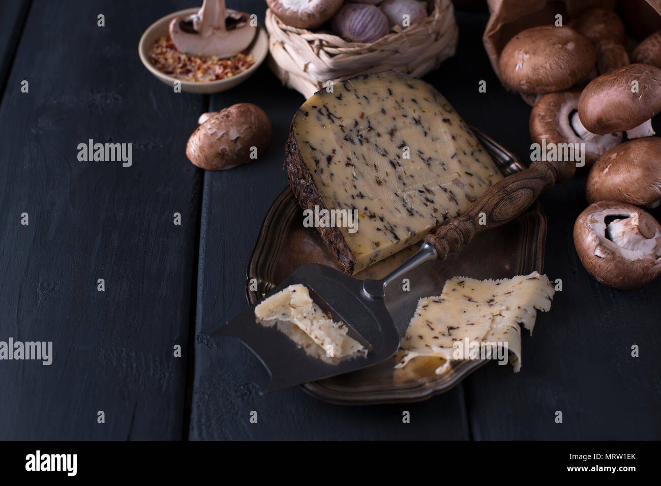 Cheese and mushrooms champignons. Ingredients for lunch. Copy space ...