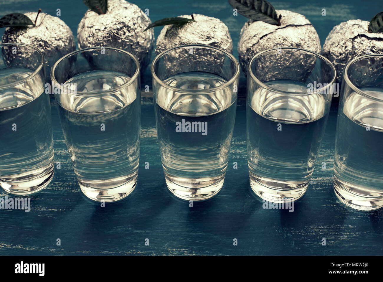 Five Glasses Blue Drink surrealism Apple Foil Blue Shabby background ...