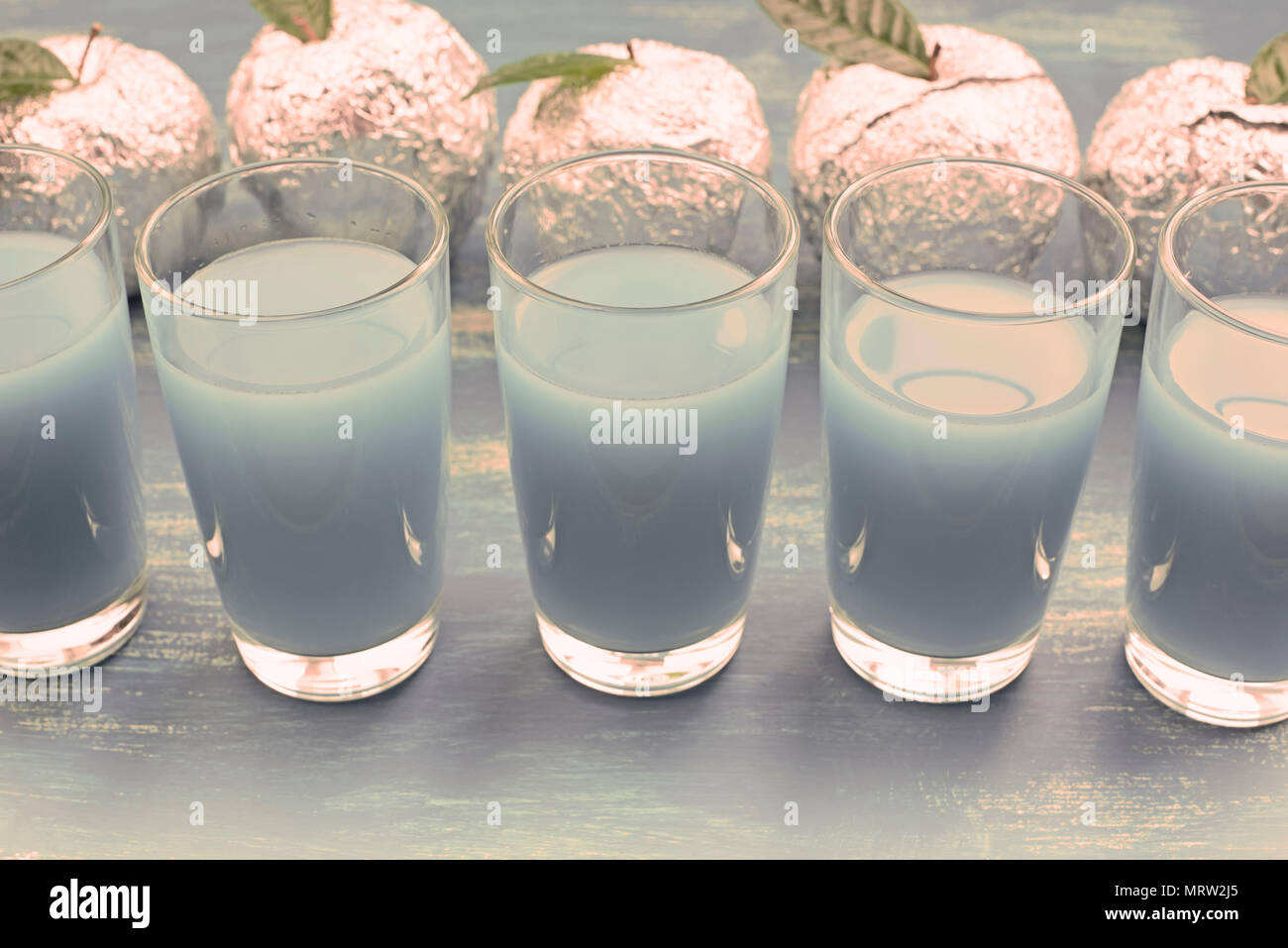 Five Glasses Blue Drink surrealism Apple Foil Blue Shabby background ...