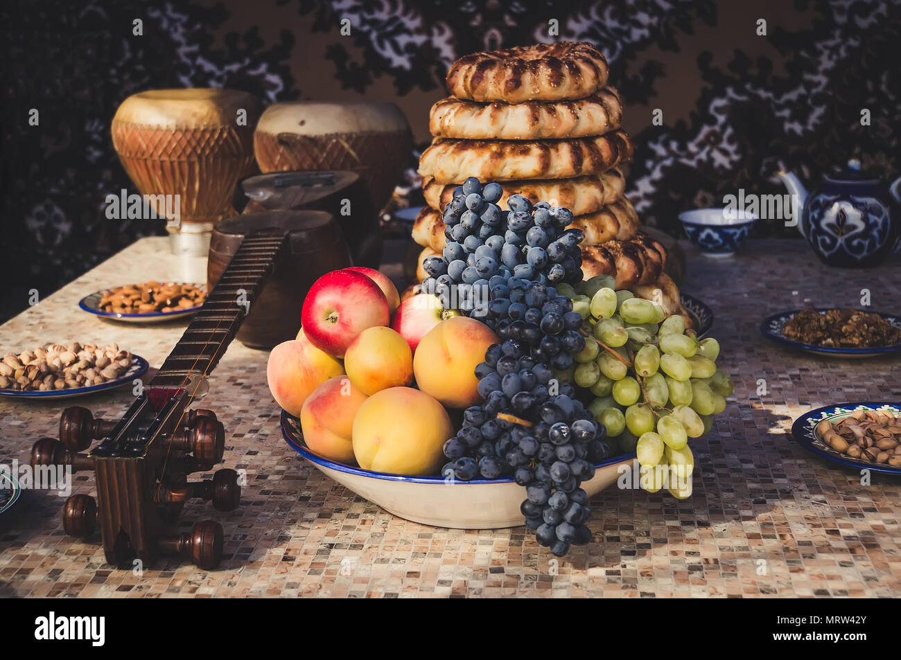 The traditional food in Central Asia with treats, food and old national ...