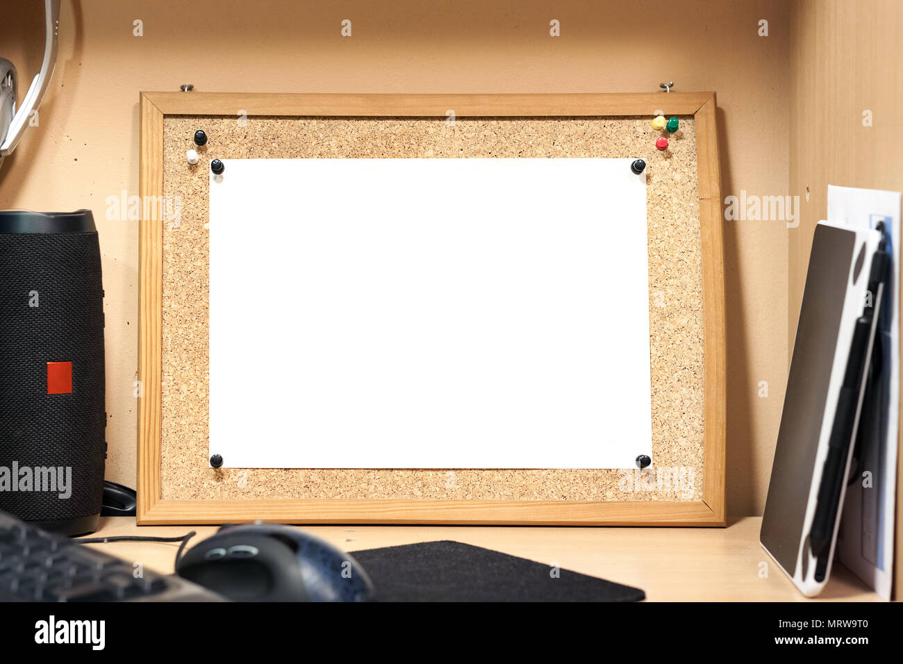 A cork board with a white sheet of paper. Background for mockup. Place ...