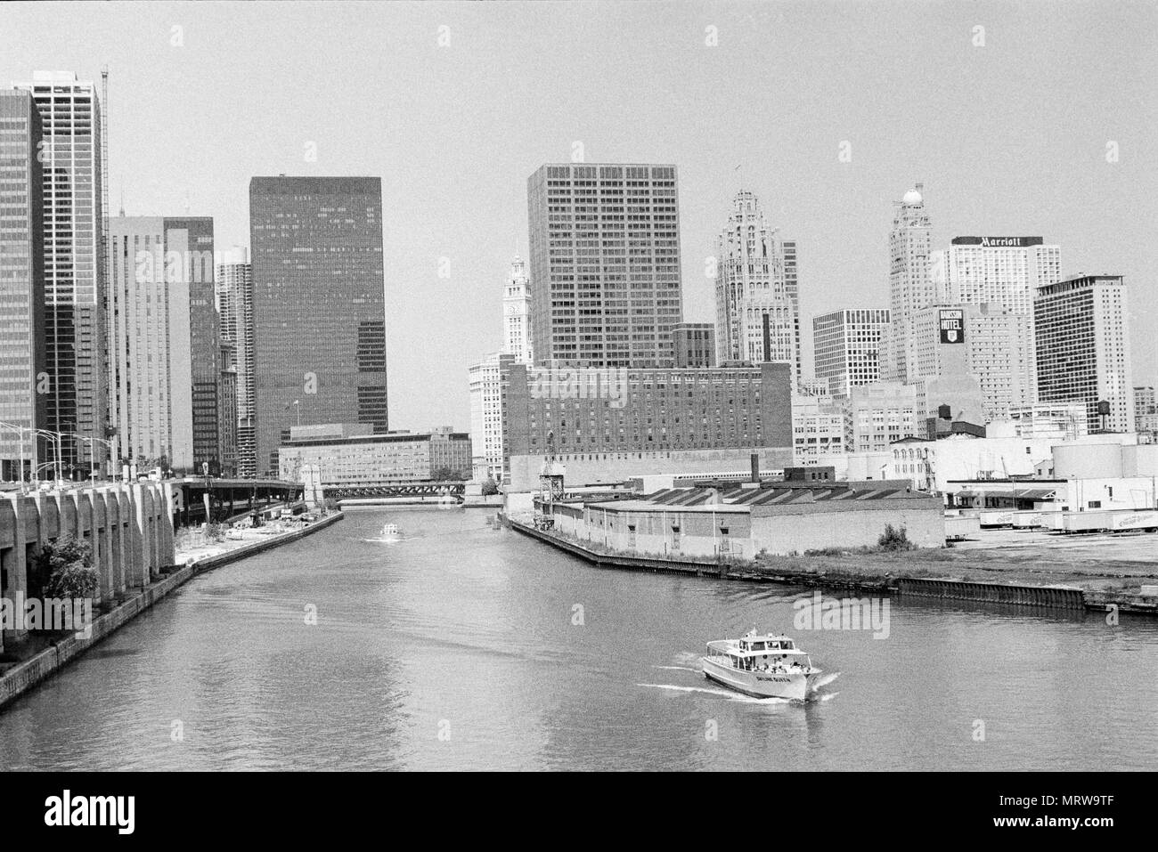 View of Chicago, 1980. The Marriott Hotel and Radisson Hotel in the ...